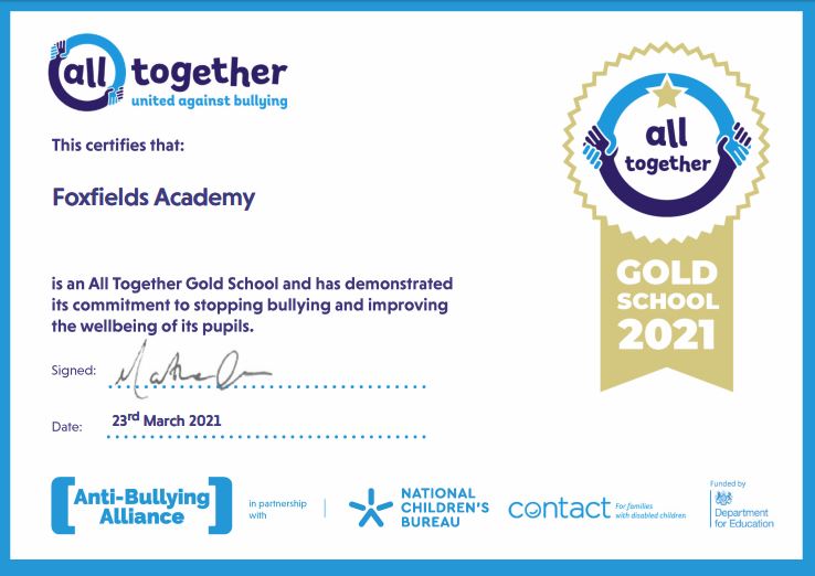 Foxfields awarded 'All Together School' GOLD Status - Foxfields Academy
